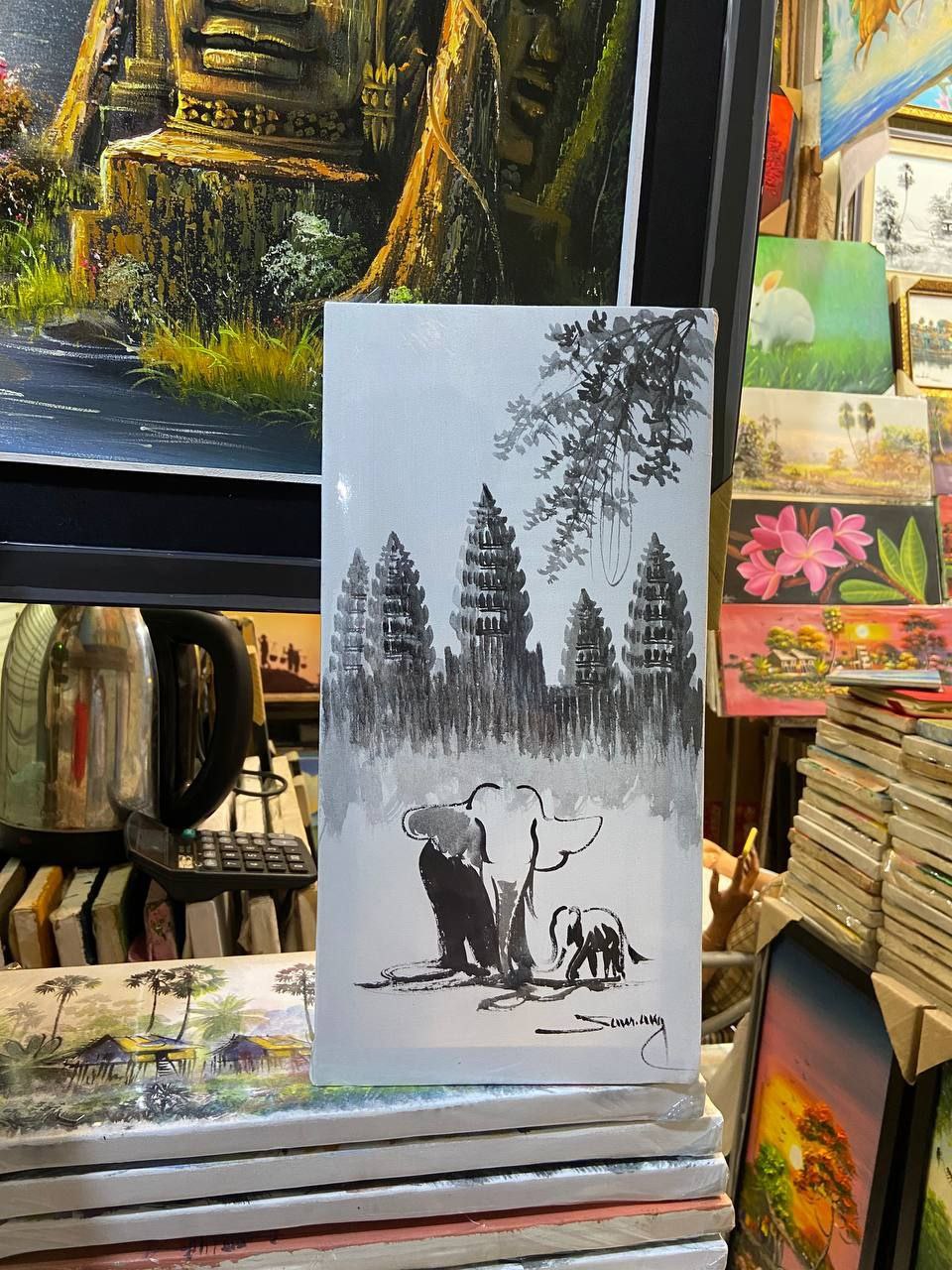 Tableau Angkor Wat avec Elephants 20x40cm Vertical ( Avec châssis ...